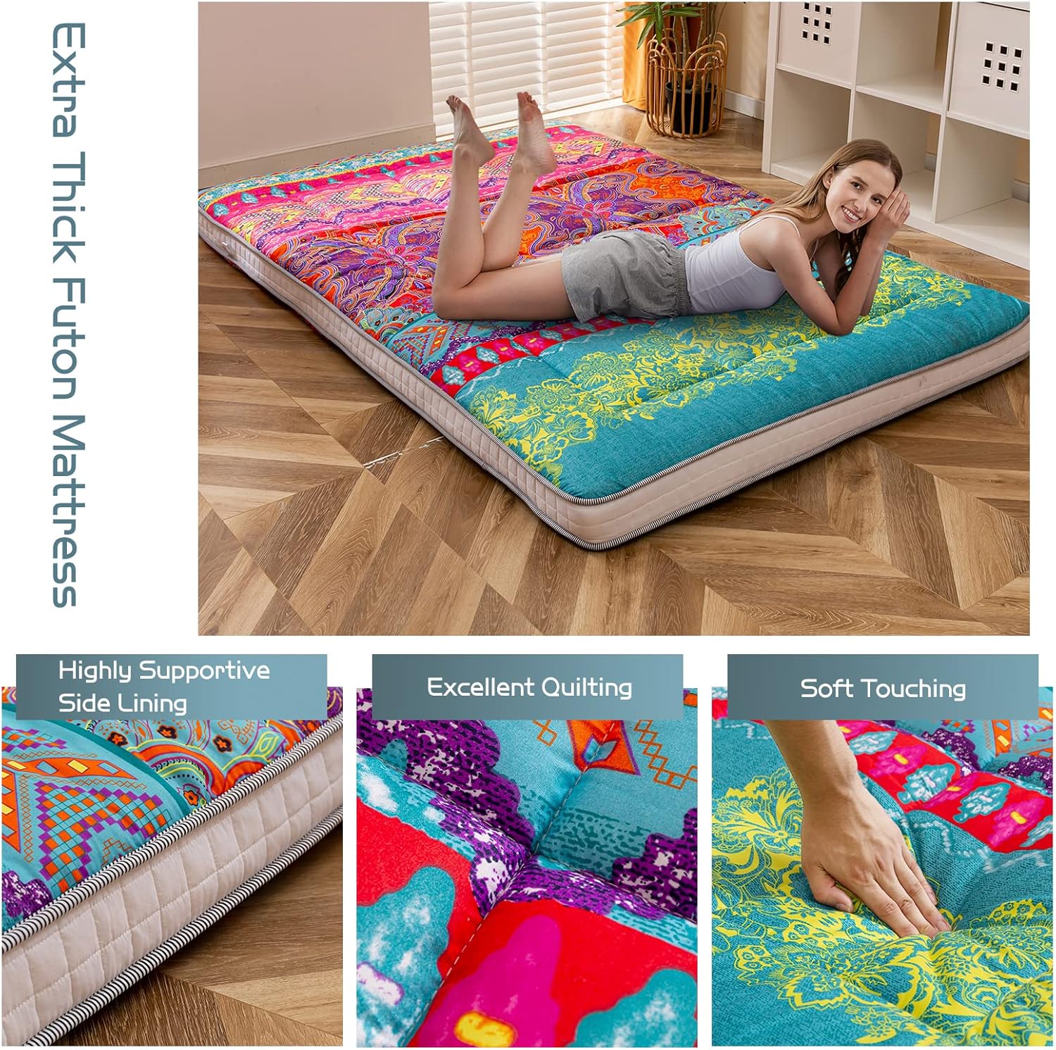 MAXYOYO Bohemian Retro Floor Mattress Vintage Floral Japanese Futon Mattress Roll Up Thicken Sleeping Bed Portable Camping Mattress Floor Lounger