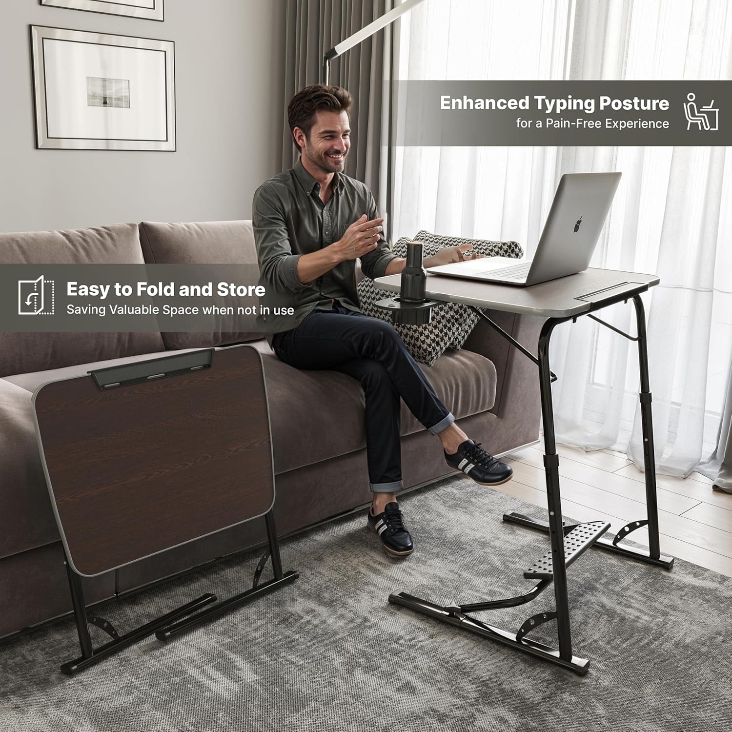 FoldWise Folding Laptop Table For Sofa Black Dark Wood Mahogany Portable Overbed Desk With Adjustable Height Angle Cupholder Footrest Edge Stopper Space Saving Design For Home Office UnityJ UK